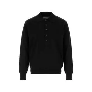 Dries Van Noten Wool Spread Collar Polo Sweater - Black