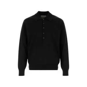 Dries Van Noten Wool Spread Collar Polo Sweater - Black