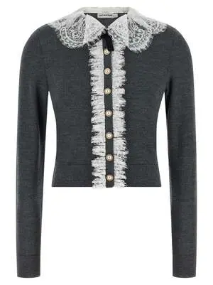 SELF-PORTRAIT Lace Collar Knit Cardigan - Gray