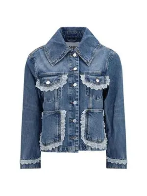 GANNI Rigid Denim Jacket With Lace Details - Blue