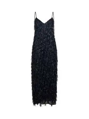 Stella McCartney Navy Blue Viscose Blend Lurex Fringes-embellished Long Dress - Multicolor