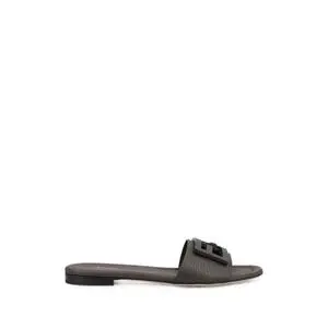 Fendi Leather Baguette Buckle Slides - Brown