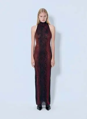 JEAN PAUL GAULTIER Mesh High Neck Python Printed Long Dress