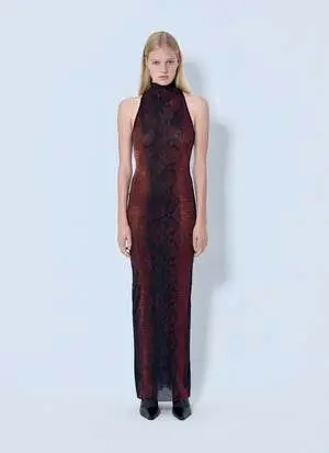 JEAN PAUL GAULTIER Python Printed High Neck Mesh Long Dress - Brown