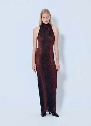 JEAN PAUL GAULTIER Python Printed High Neck Mesh Long Dress - Brown