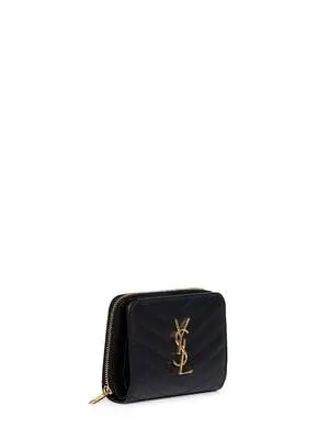 Saint Laurent Black Leather Cassandre Compact Zip Around Wallet