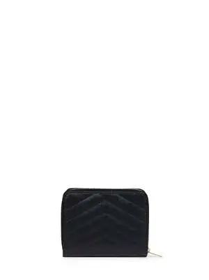 Saint Laurent Black Leather Cassandre Compact Zip Around Wallet