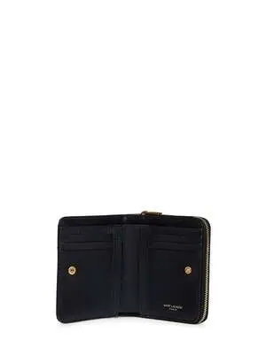 Saint Laurent Black Leather Cassandre Compact Zip Around Wallet