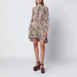 Etro Beige Ruffle Dress With Multicolour Print - Multicolor