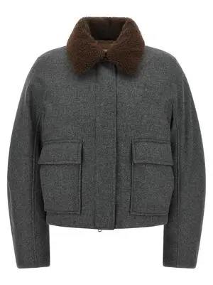 Brunello Cucinelli Shearling Collar Cropped Jacket - Gray