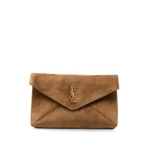 Saint Laurent Calf Suede Cassandre Logo Plaque Clutch Bag - Brown