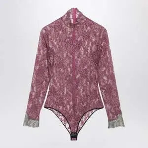 Valentino Garavani Burgundy Lace Bodysuit With Contrasting Cuffs - Red