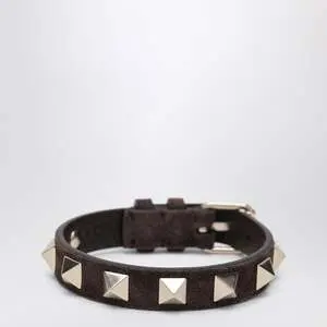 Valentino Garavani Rockstud Bracelet In Ebony Suede Leather - Brown