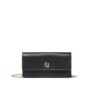 Fendi Leather Continental Wallet With Chain Strap - Black