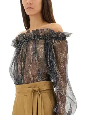 Saint Laurent Lurex Silk Creponne Off The Shoulder Top - Blue