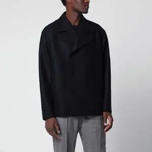 Harris Wharf London Navy Short Double-breasted Wool Coat - Blue
