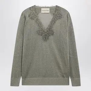 Valentino Garavani Viscose-blend Lace V-neck Sweater - Silver
