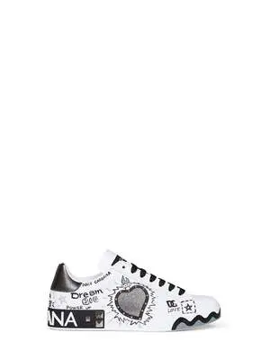 Dolce & Gabbana White Hand-painted Leather Portofino Low-top Sneakers - Multicolor