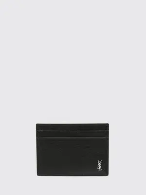Saint Laurent Tiny Cassandre Flat Calfskin Card Holder With Logo - Black