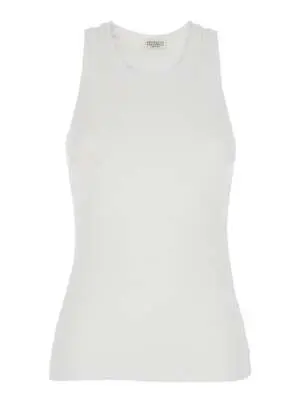 Brunello Cucinelli Crewneck Top With Monil Detail On The Front In Cotton Stretch - White