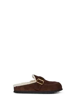 Prada Calzature Dark Brown Suede And Shearling Mules - Multicolor