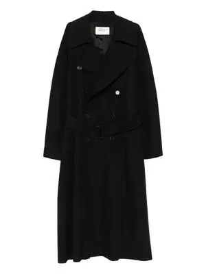 Saint Laurent Double-breasted Long Coat In Grain De Poudre - Black