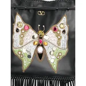 Valentino Garavani Calf Leather Butterfly Embellished Fringe Shoulder Bag
