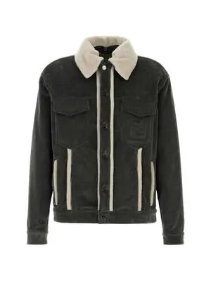 Fendi Faded Stonewash Treatment Corduroy Blouson With Sheepskin Trim Removable Collar - Gray