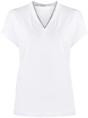 Brunello Cucinelli Brunello Cucinelli Women Monili Trim V-Neck Cotton T-Shirt White