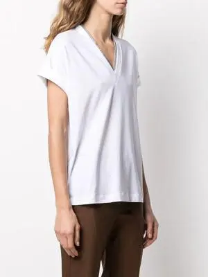 Brunello Cucinelli Monili Trim V-neck Cotton T-shirt - White