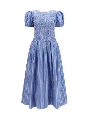 GANNI Striped Cotton Midi Dress With Puff Sleeves - Blue