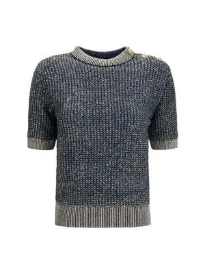 Balmain Short-sleeve Sequined Sweater With Buttons