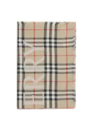 Burberry Wide Wool And Silk Check Scarf With Ekd - Cream