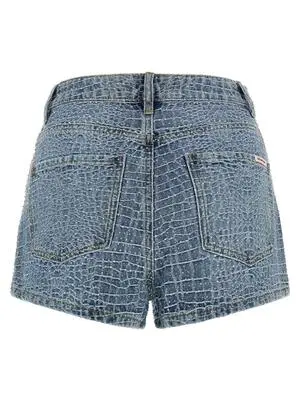 SELF-PORTRAIT Crocodile Effect Rhinestone Denim Shorts - Blue