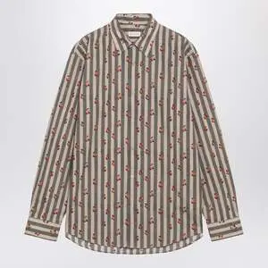 Dries Van Noten Beige Striped Cotton Shirt With Floral Print - Cream