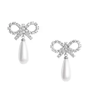 SELF-PORTRAIT Crystal Bow Pearl Earrings - Silver