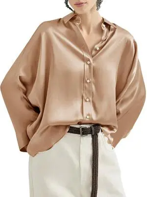 Brunello Cucinelli Stretch Silk Satin Shirt With Monili - Multicolor