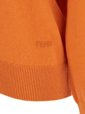 Fendi Orange Oversized Sweater With V-neck And Logo Lettering Embroidery In Cashmere For - Multicolor