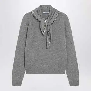 Prada Grey Cashmere Sweater With Jeweled Scarf - Gray