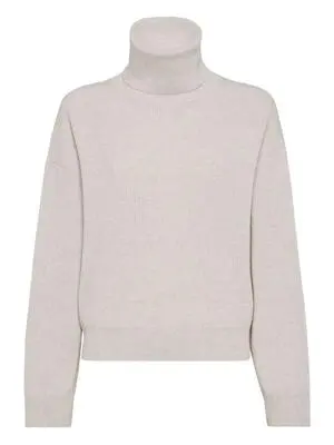 Brunello Cucinelli Cashmere Blend English Ribbed Turtleneck Sweater - Gray