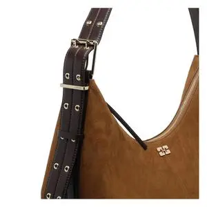 GANNI Medium Logo Suede Hobo Bag - Brown