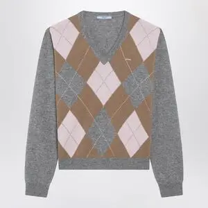Prada Grey Cashmere Argyle Sweater - Gray
