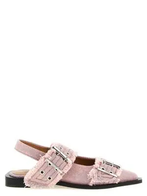 GANNI Feminine Buckle Fringed Denim' Slingback - Pink
