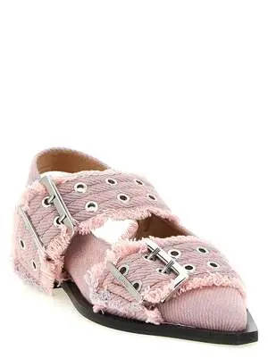 GANNI Feminine Buckle Fringed Denim Slingback - Pink
