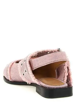 GANNI Feminine Buckle Fringed Denim Slingback - Pink
