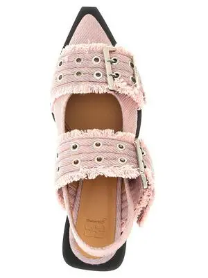 GANNI Feminine Buckle Fringed Denim Slingback - Pink