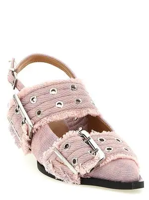 GANNI Buckled Fringed Denim Slingback Pumps - Pink