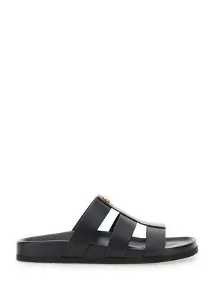 Valentino Garavani Sandals With Cage Design And Vlogo Plaque On The Front In Black Leather - Multicolor