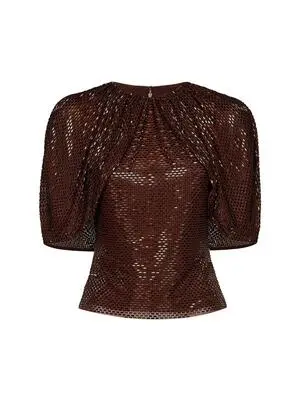 SELF-PORTRAIT Brown Rhinestone-embellished Tulle Top With Cape Sleeves - Multicolor