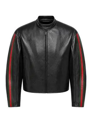 Gucci Leather Biker Jacket With Web Detail - Black